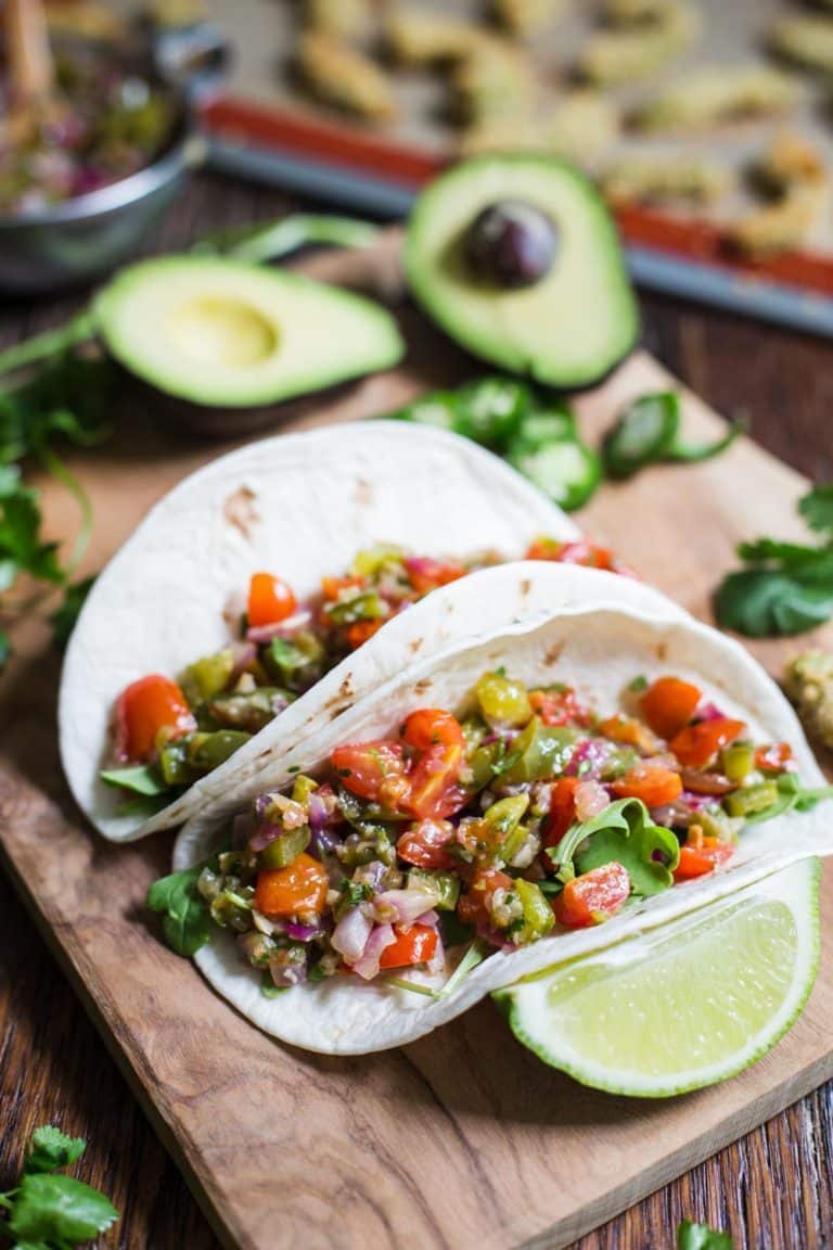Baked Avocado Tacos w/ Roasted Veggie Salsa - Food with Feeling