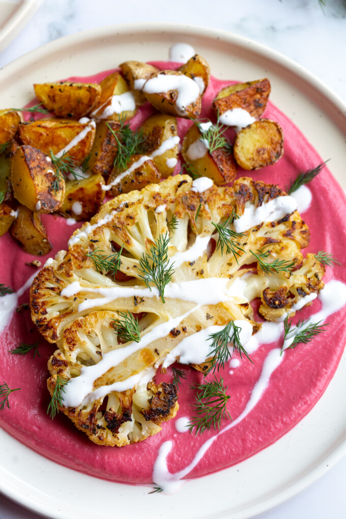 Cauliflower Steaks with Beet Bean Puree - Food with Feeling